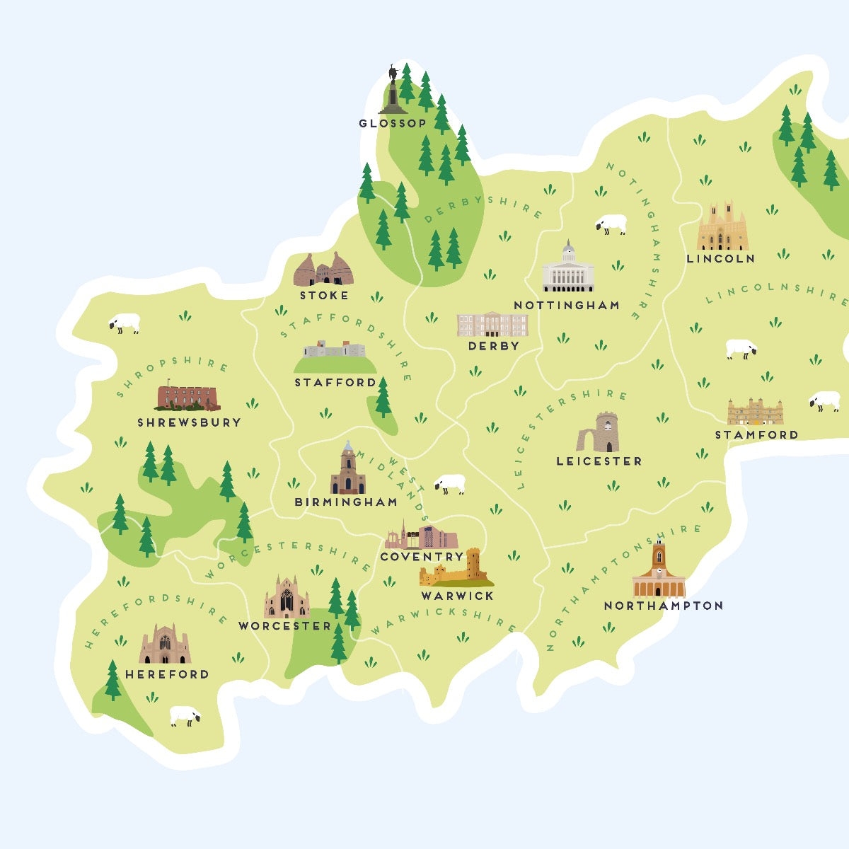 Illustrated The Midlands Map Print – Pepper Pot Studios