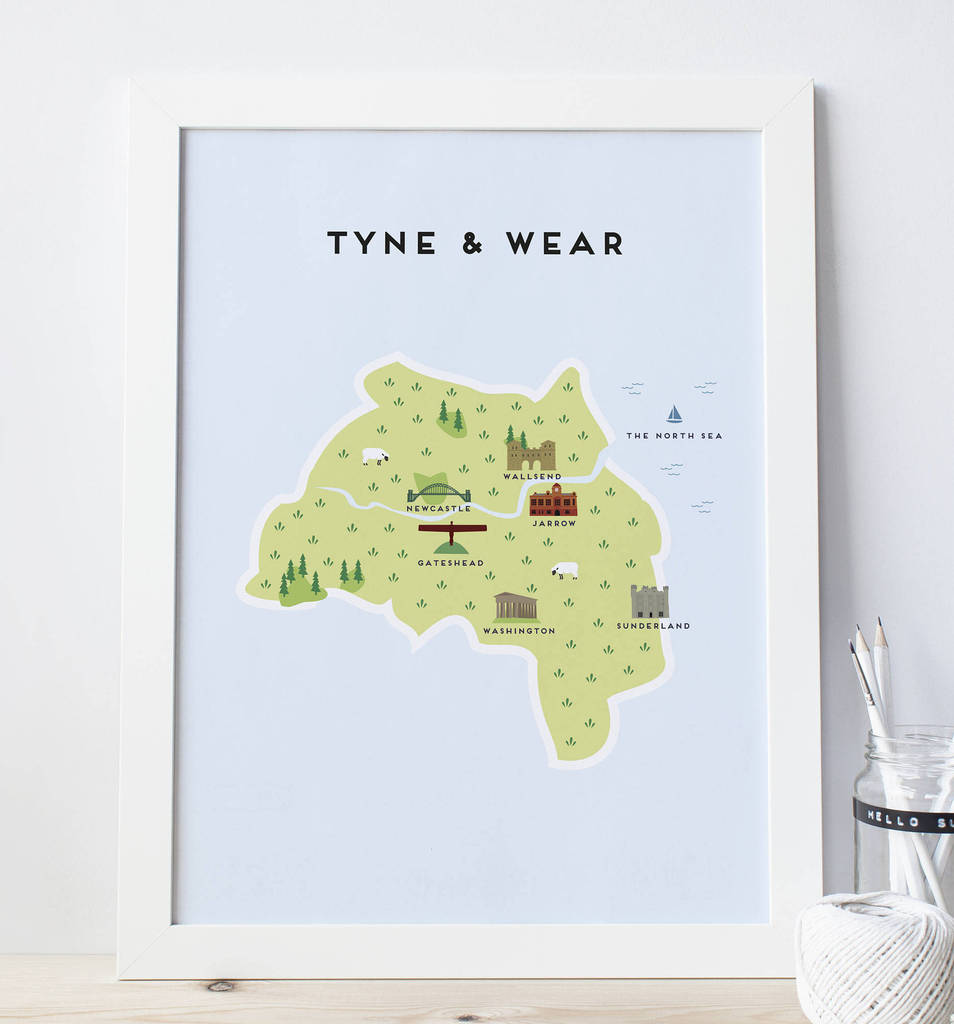 Illustrated Tyne & Wear Map Print – Pepper Pot Studios